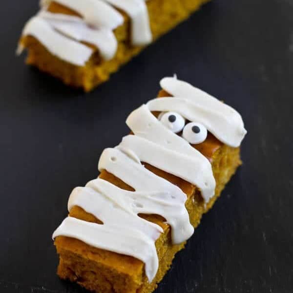 Pumpkin Bar Edible Mummies with Cream Cheese Frosting Recipe - Rachel ...